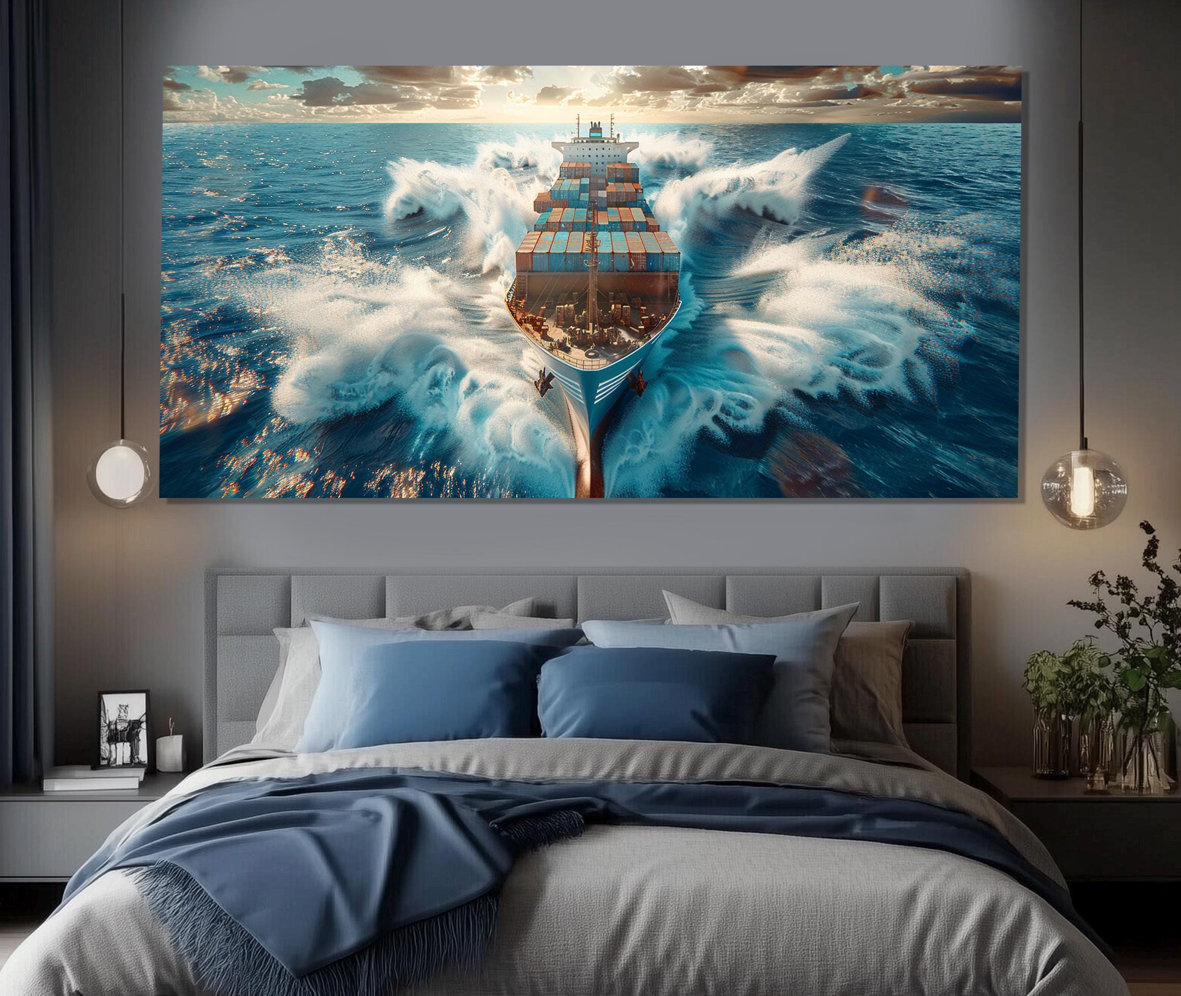 Cargo Ship Painting Printed on Canvas, Container Ship Painting, Cargo ...