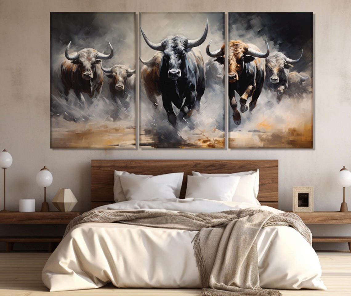 Running Bulls Painting Printed on Canvas, Large Bulls Canvas Art, Bulls ...