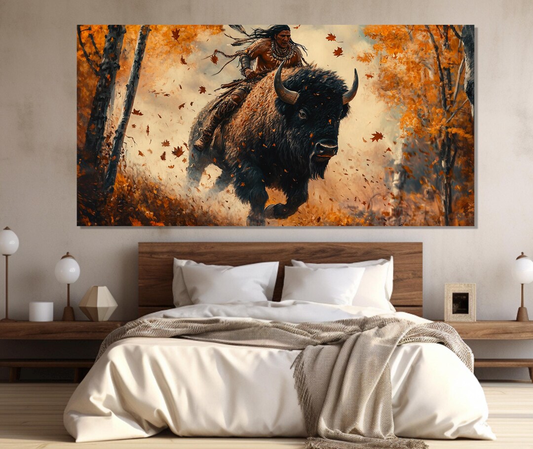 Native American Riding Bison Painting Printed on Canvas, First Nations ...