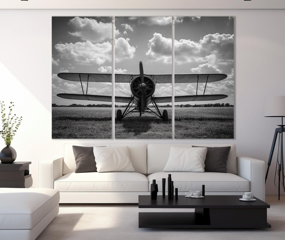 Black and White Biplane Canvas Print, Vintage Aircraft Poster, Canvas ...