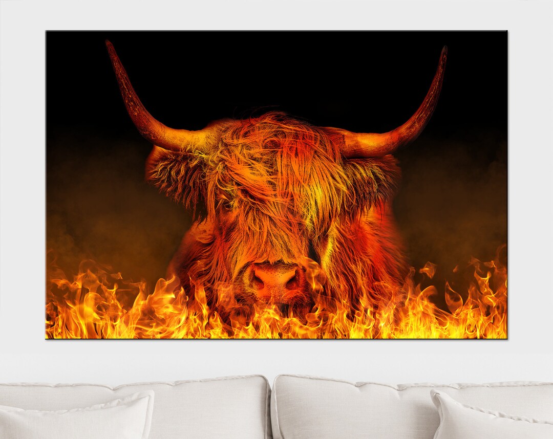 Highland Cow in Fire Canvas Print, Modern Wall Art, Highland Cow Print ...