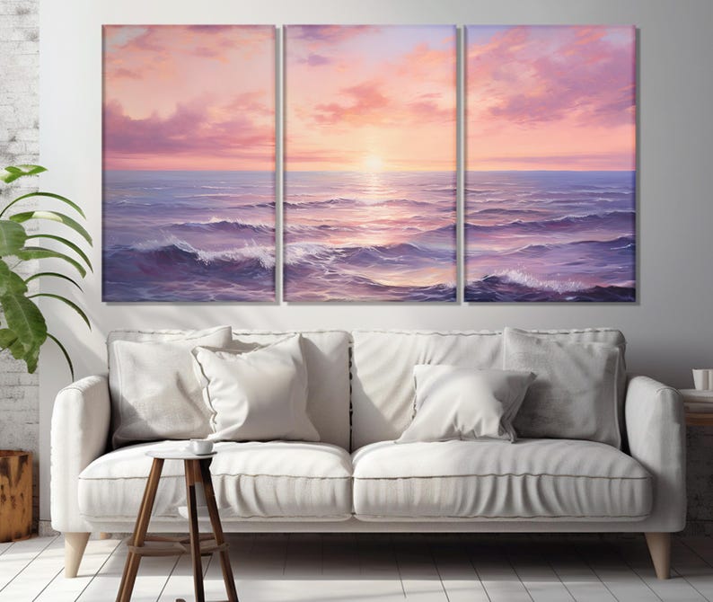 Beautiful Pink Sunset Seascape Painting Printed on Canvas, Scenic Sea ...