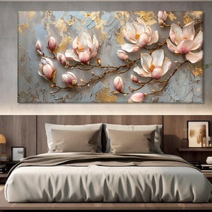 Soft Pink Magnolia Blooming Painting Printed on Canvas, Luxury Bedroom ...