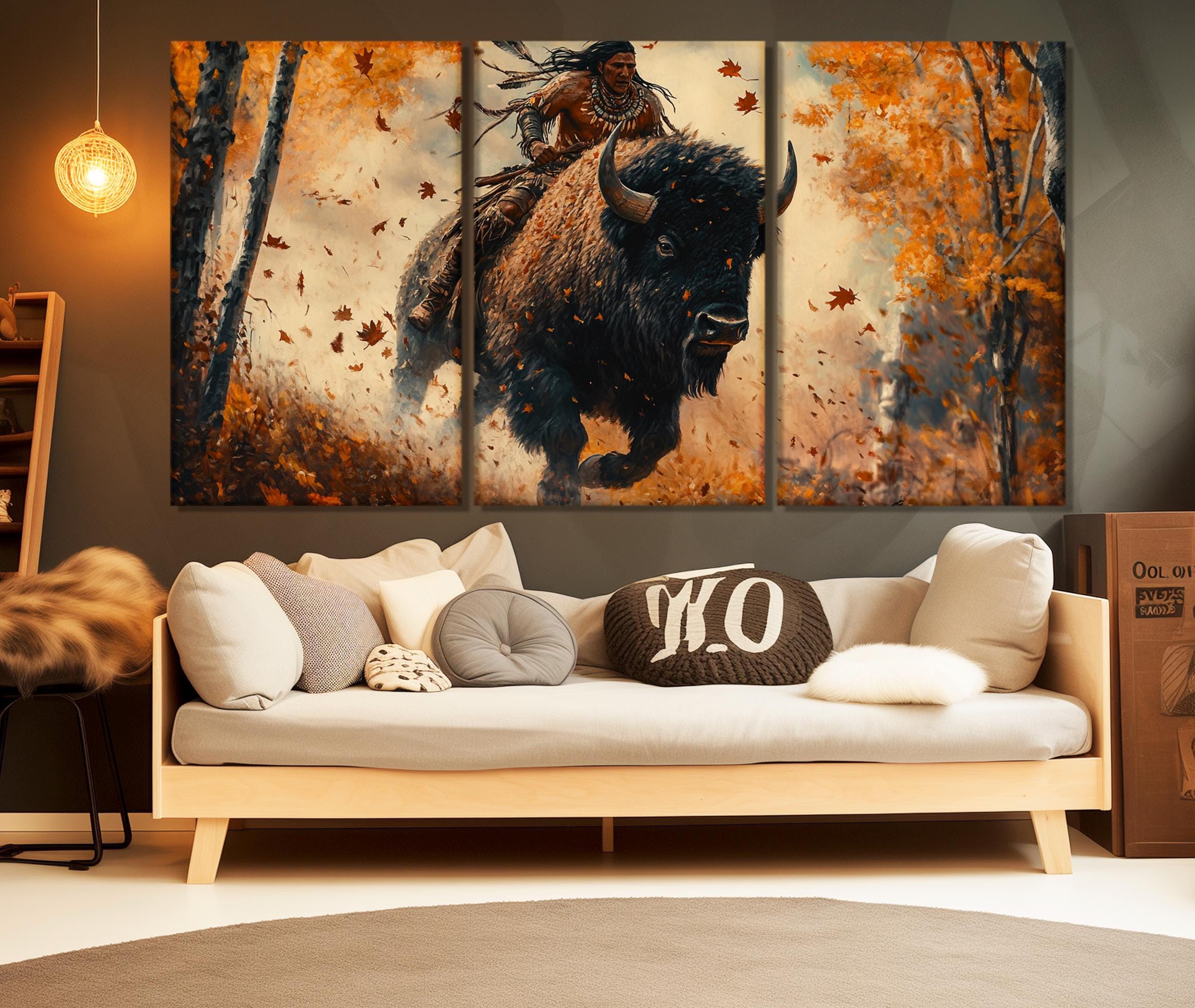 Native American Riding Bison Painting Printed on Canvas, First Nations ...
