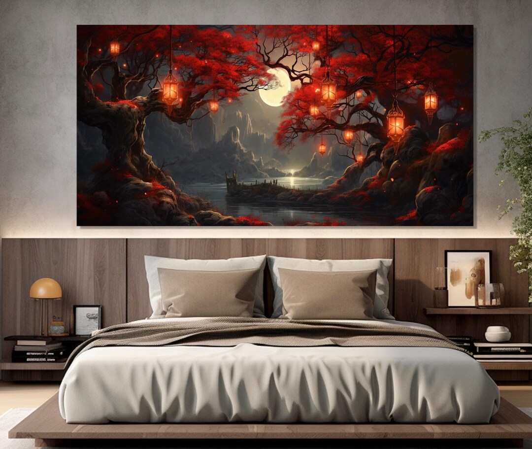 Dream Fantasy Wall Art, Night Red Lanterns Canvas Print, Mystery Forest ...