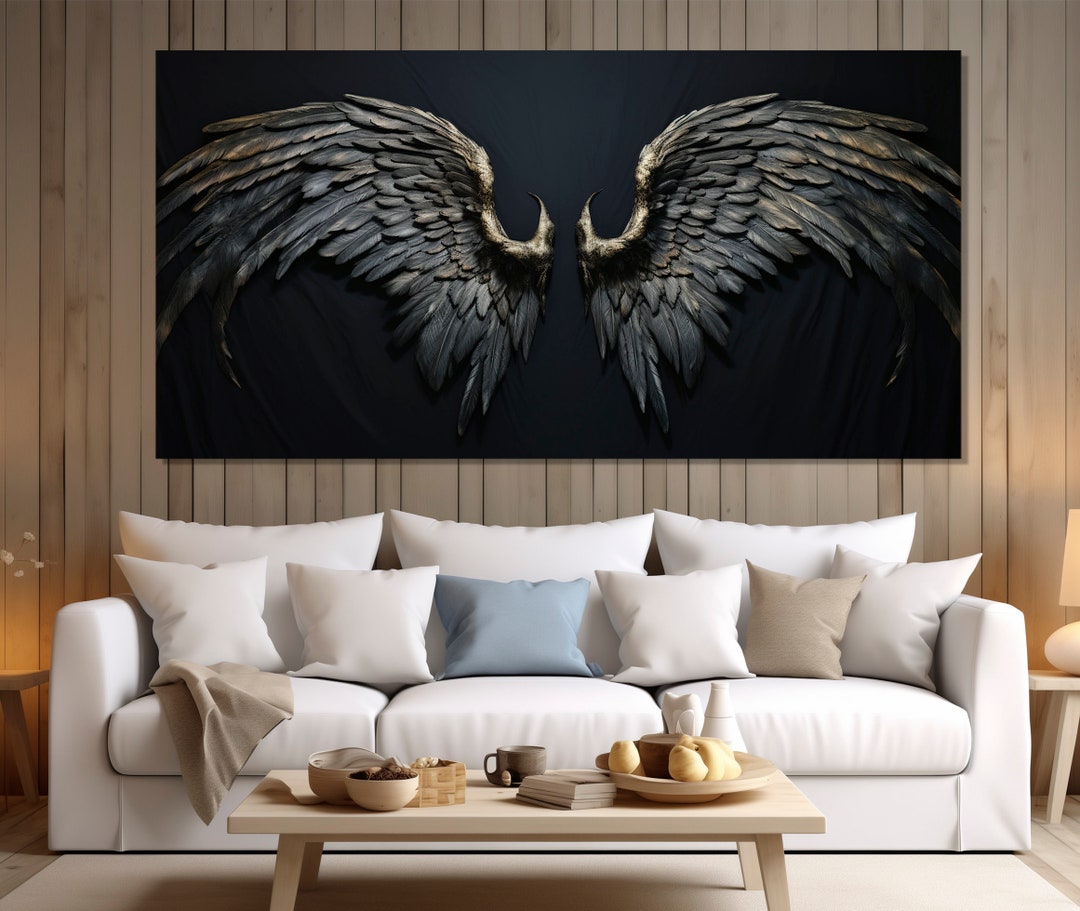 Abstract Black Angel Wings Painting Printed on Canvas, Angel Wings ...