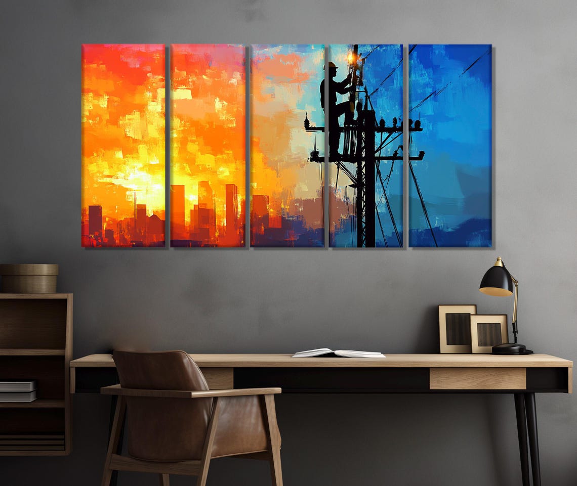 Abstract Electricity Wall Art, Electrician on a Pole Canvas Print ...