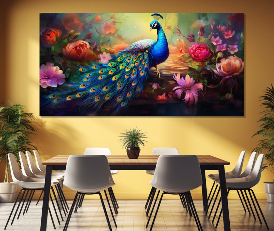Colorful Peacock Canvas Print, Large Peacock Painting, Dining Room ...