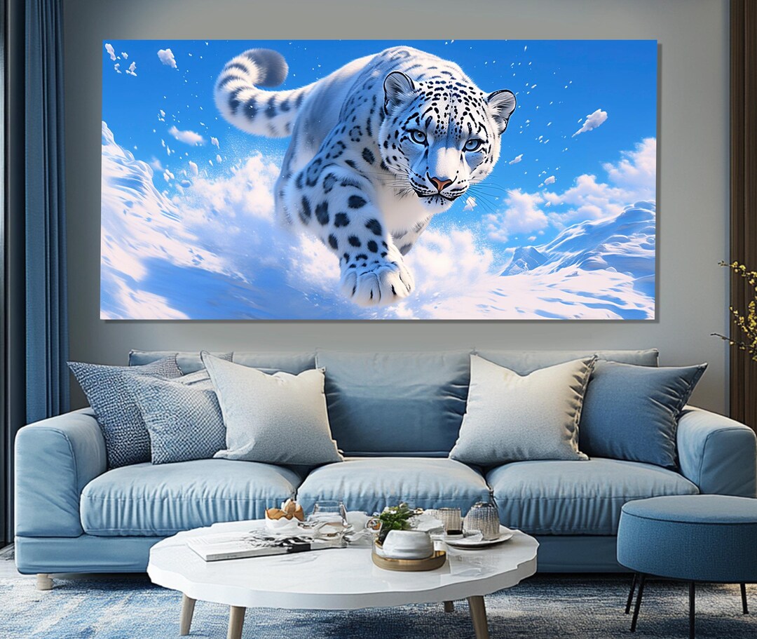 Snow Leopard Painting Printed on Canvas, Large Snow Leopard Poster ...