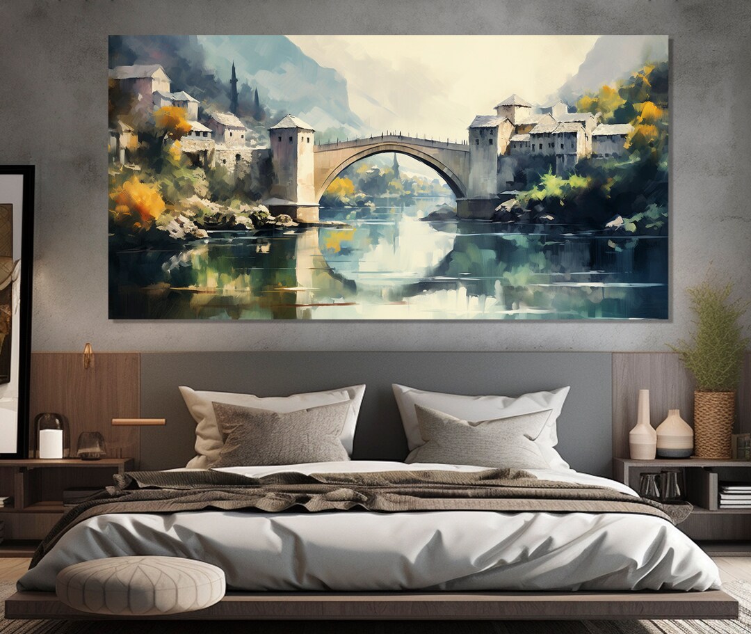 Mostar Old Bridge Painting Printed on Canvas, Bosnia and Herzegovina ...