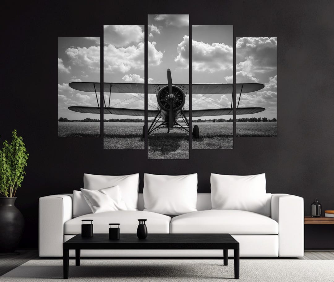 Black and White Biplane Canvas Print, Vintage Aircraft Poster, Canvas ...
