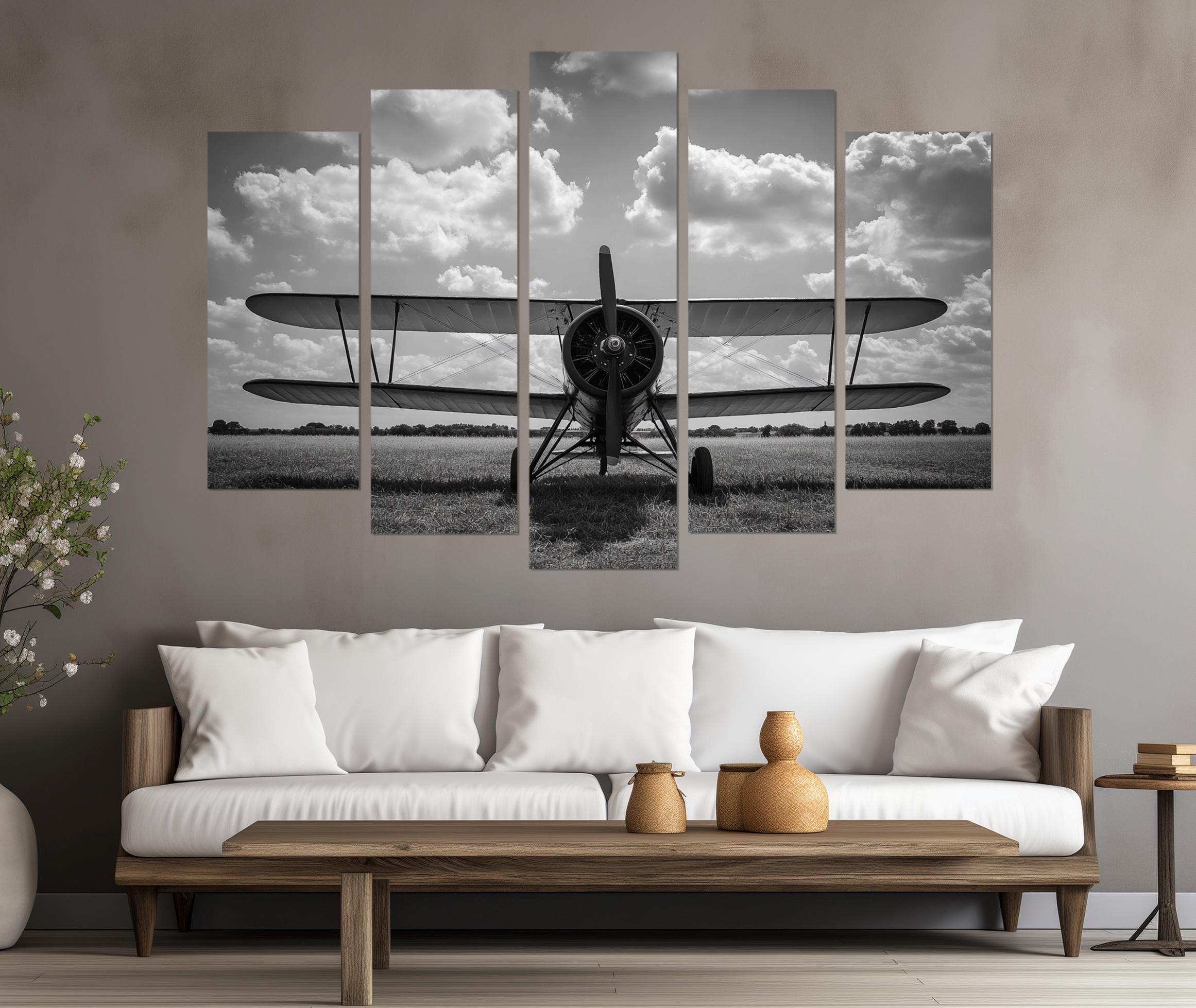 Black and White Biplane Canvas Print, Vintage Aircraft Poster, Canvas ...