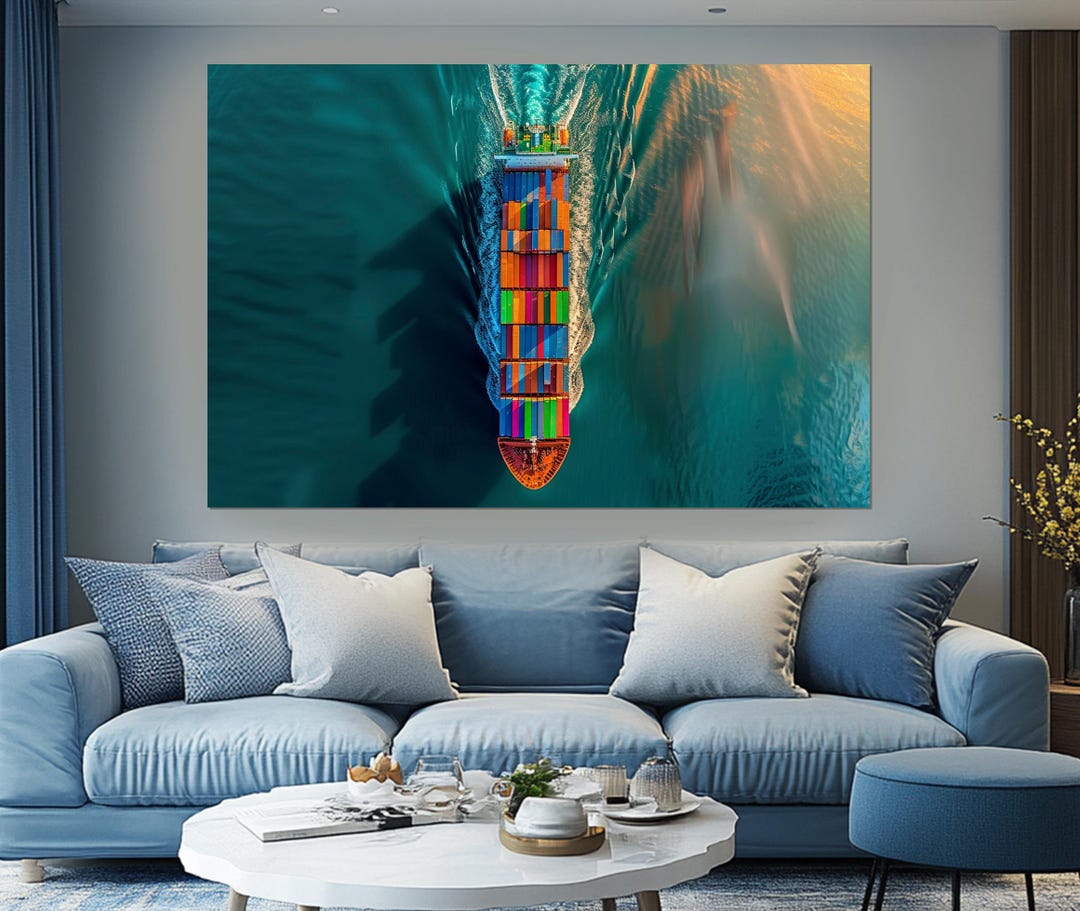 Container Ship Painting Printed on Canvas, Cargo Ship Painting ...