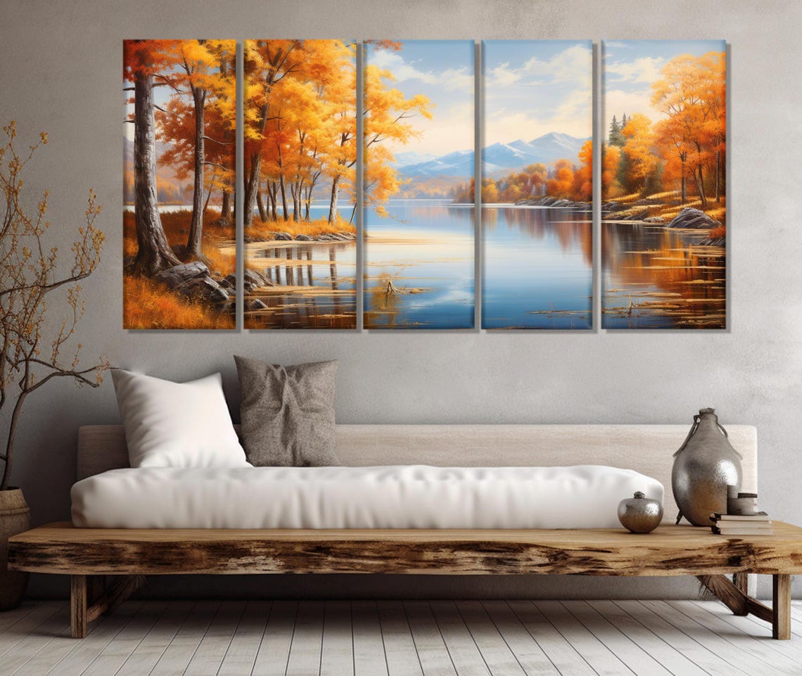 Scenic Autumn Lake Painting Printed on Canvas, Autumn Wall Art, Falls ...