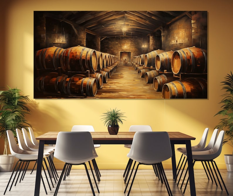 Vintage Wine Cellar Painting Printed on Canvas, Wine Barrels Painting ...