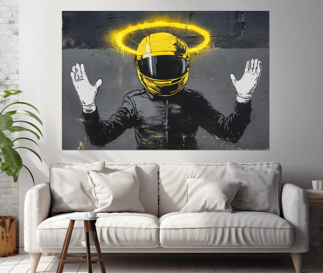 Abstract Biker in Yellow Helmet Graffiti Canvas Print, Motorcyclist ...