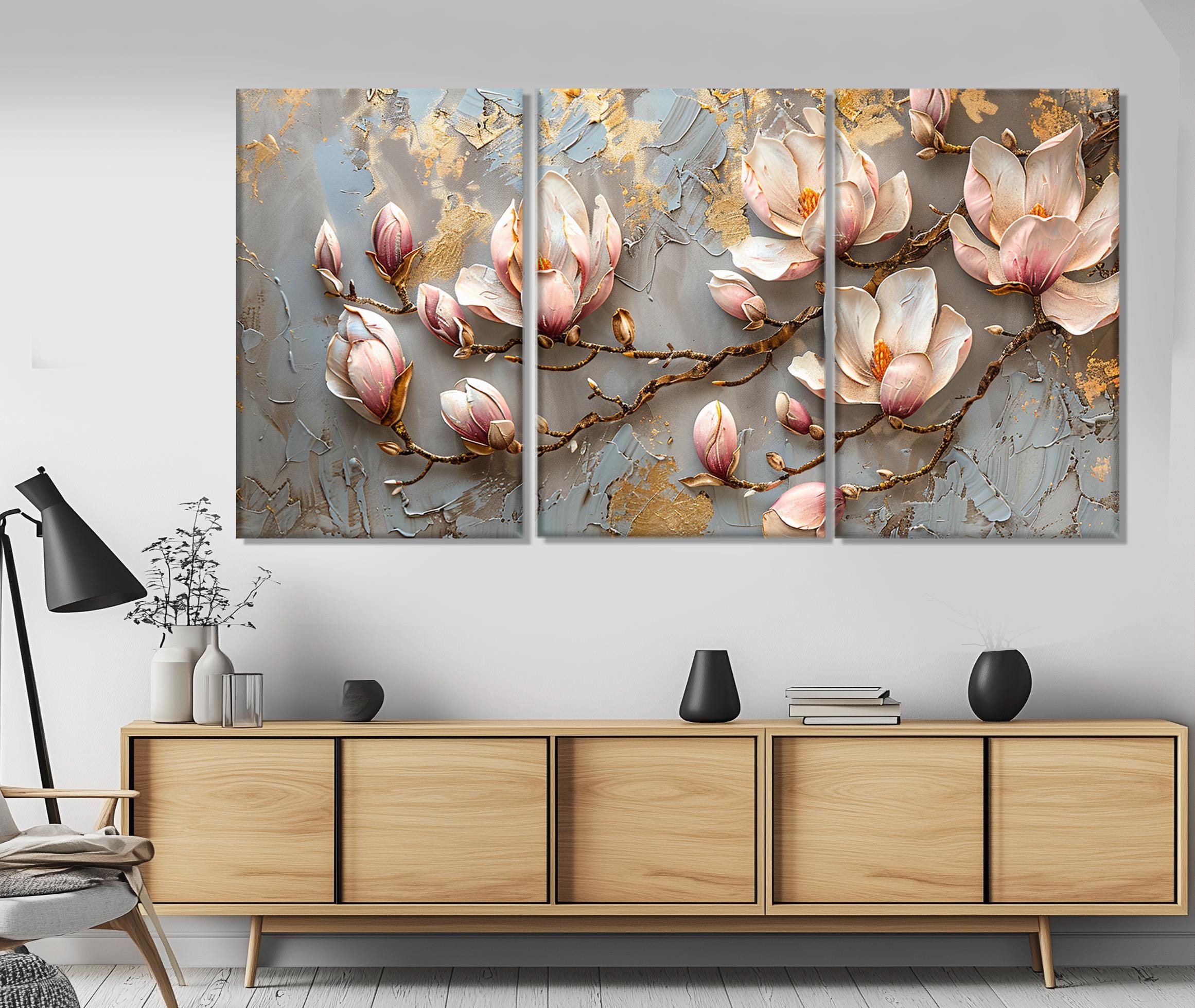 Soft Pink Magnolia Blooming Painting Printed on Canvas, Luxury Bedroom ...