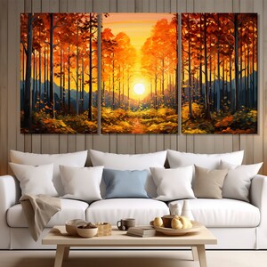 Golden Autumn Forest Sunset Painting Printed on Canvas, Large Forest ...