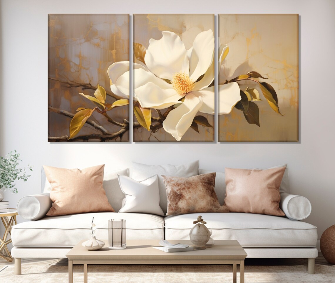 Abstract Magnolia Flower on a Golden Background Painting Printed on ...