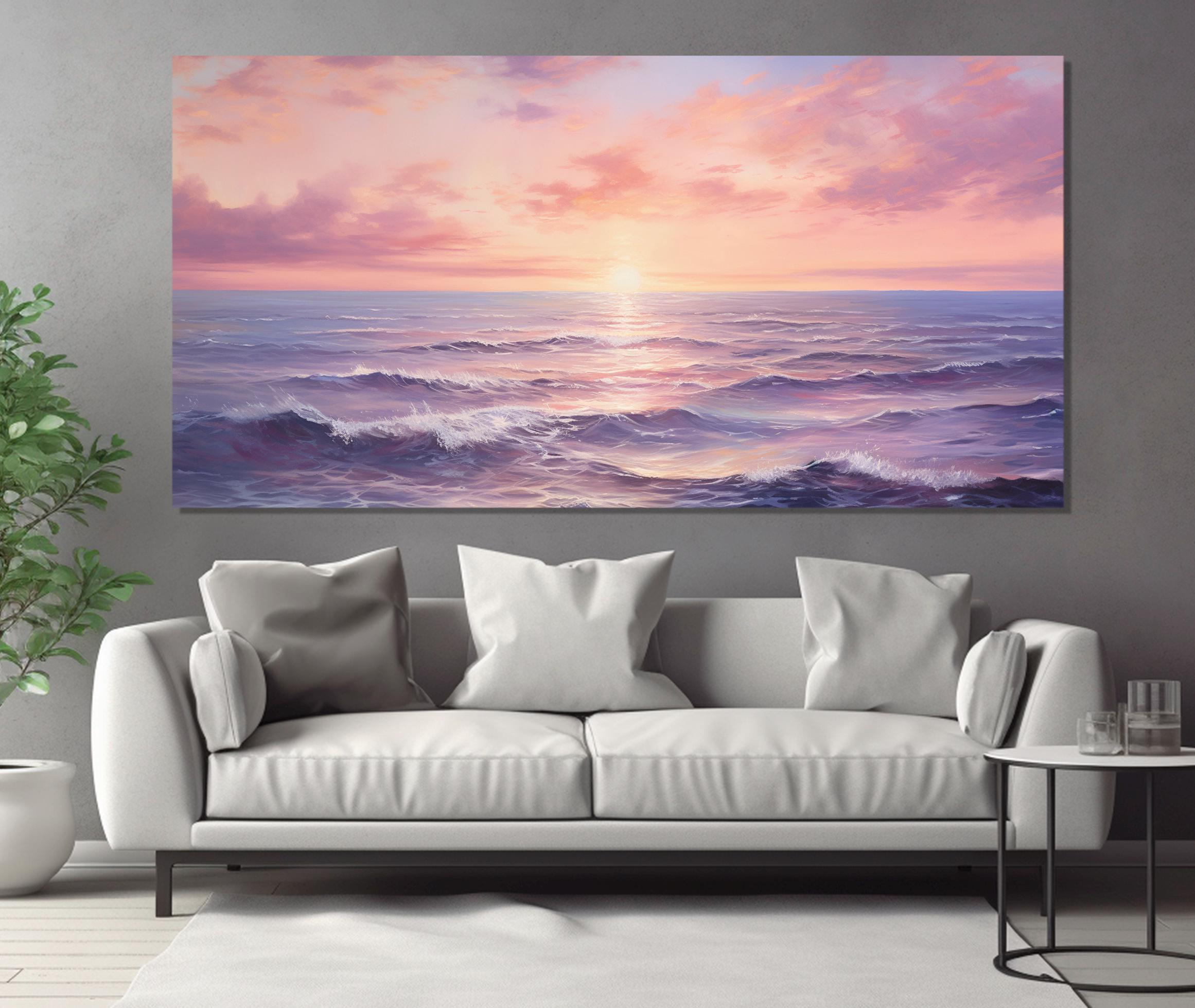 Beautiful Pink Sunset Seascape Painting Printed on Canvas, Scenic Sea ...
