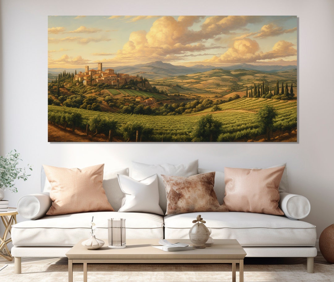 Tuscany Village Painting Printed on Canvas, Tuscany Vineyards Canvas ...