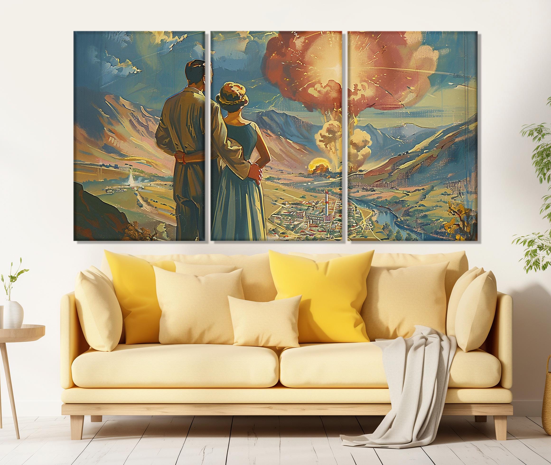 Couple Watching End of the World Retro Poster, Nuclear Explosion Canvas ...