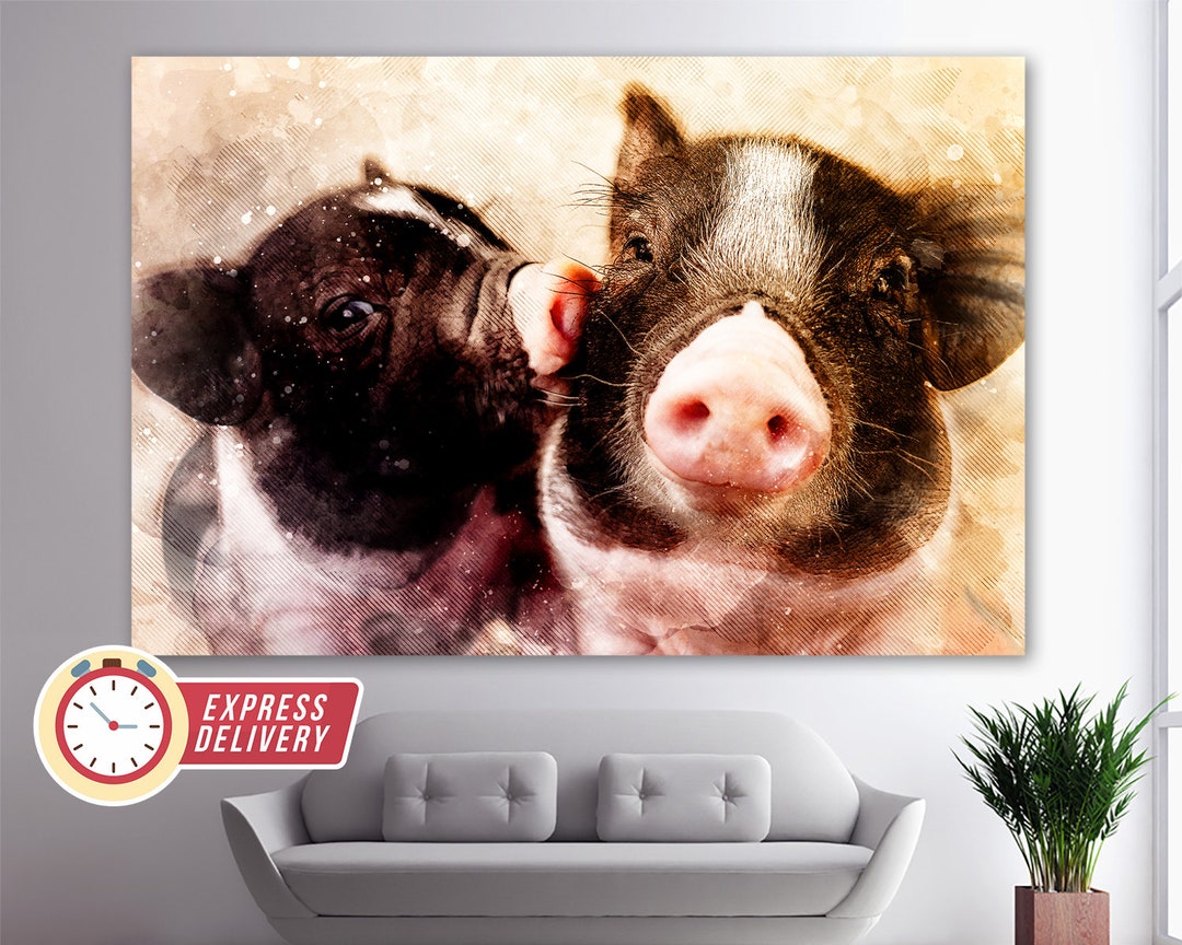 Cute Pigs Canvas Print, Pigs Paintings, Pigs Print, Kissing Pigs Print ...