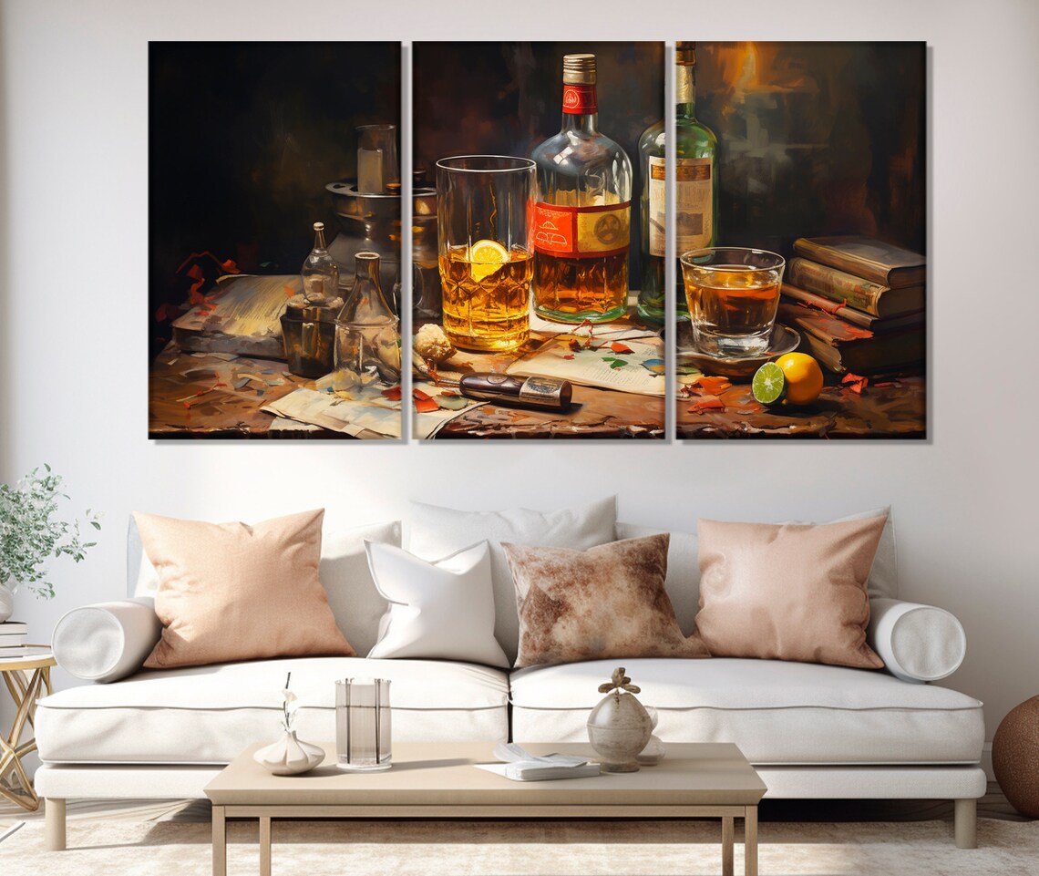 Alcohol Still Life Painting Printed on Canvas, Whiskey Canvas Print ...