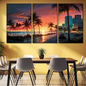 Scenic Miami Sunset Painting Printed on Canvas, Large Miami Canvas ...