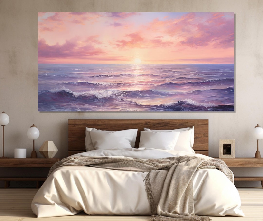 Beautiful Pink Sunset Seascape Painting Printed on Canvas, Scenic Sea ...