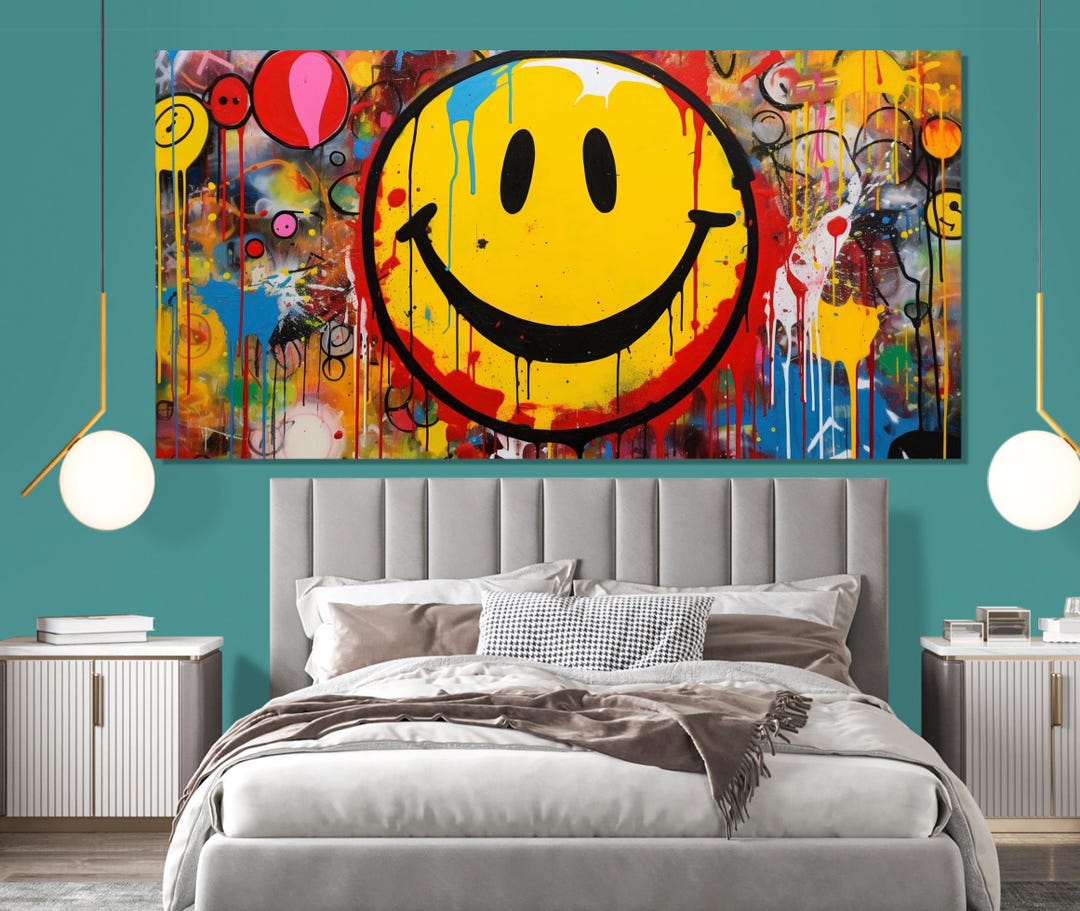 Happy Yellow Smiley Face Canvas Print, Smiley Face Painting, Smile ...