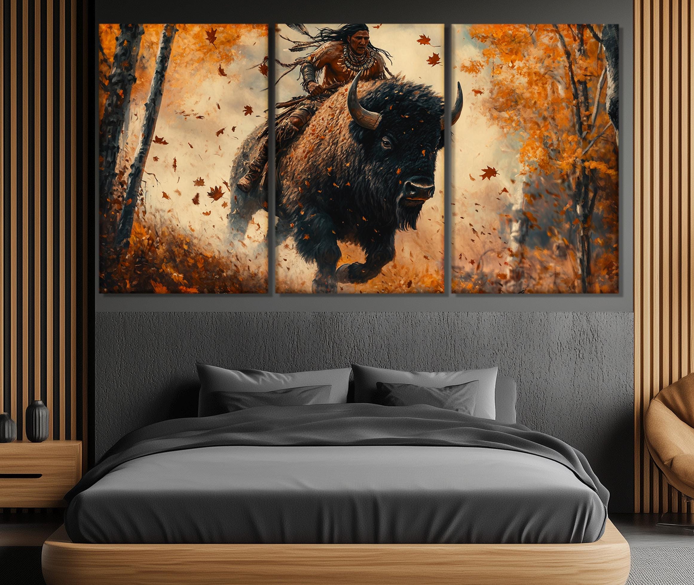 Native American Riding Bison Painting Printed on Canvas, First Nations ...