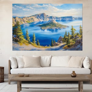 Crater Lake Painting Printed on Canvas, Lake in Oregon Wall Art, Scenic ...