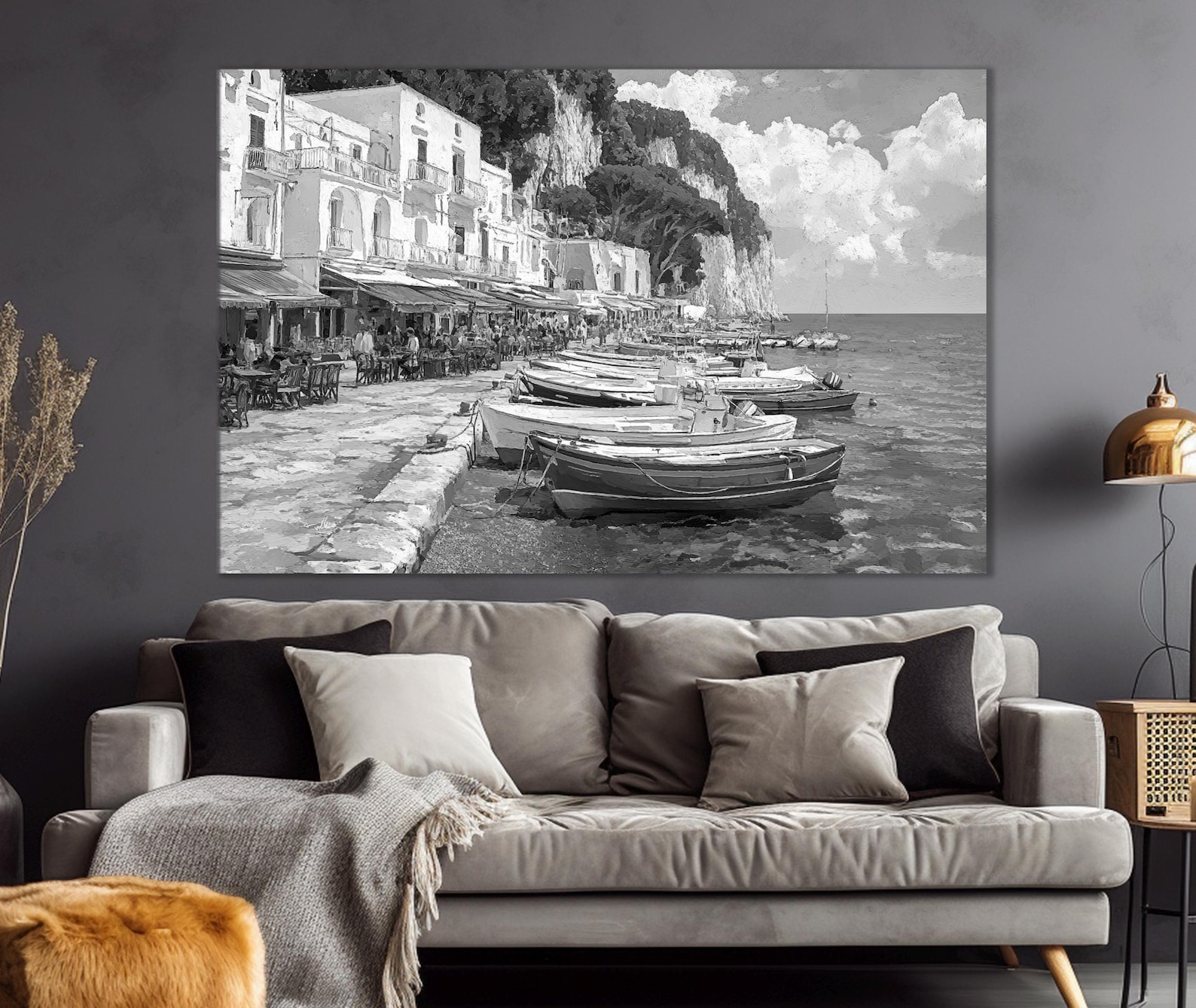 Scenic Capri Island Painting Printed on Canvas, Boats at Marina Grande ...