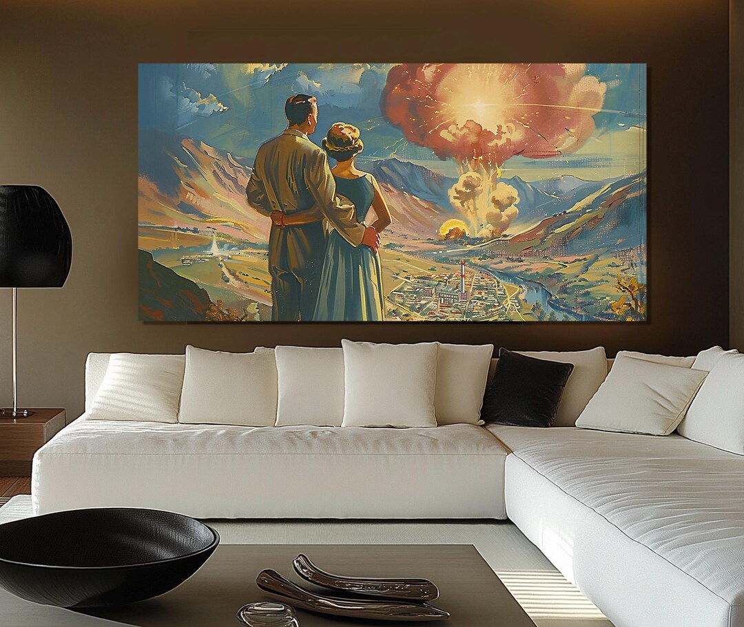 Couple Watching End of the World Retro Poster, Nuclear Explosion Canvas ...