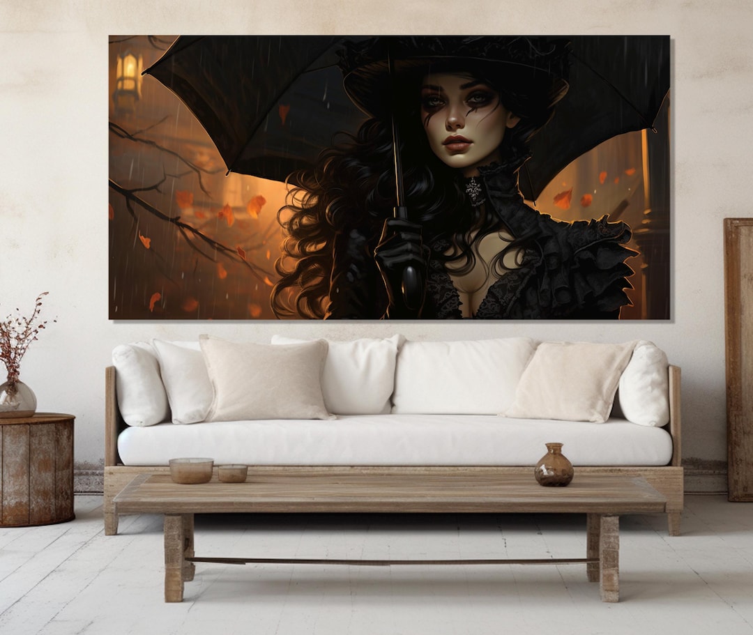 Victorian Witch With Umbrella Painting Printed on Canvas, Victorian ...