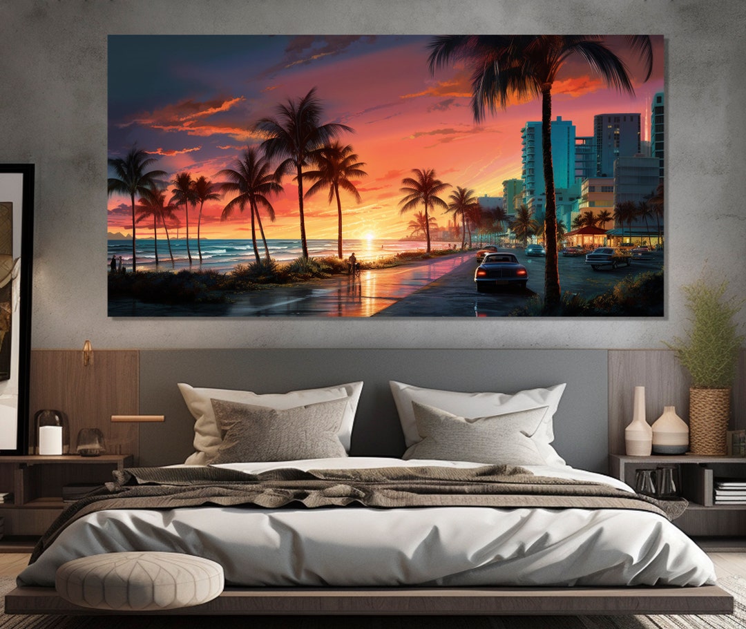 Scenic Miami Sunset Painting Printed on Canvas, Large Miami Canvas ...