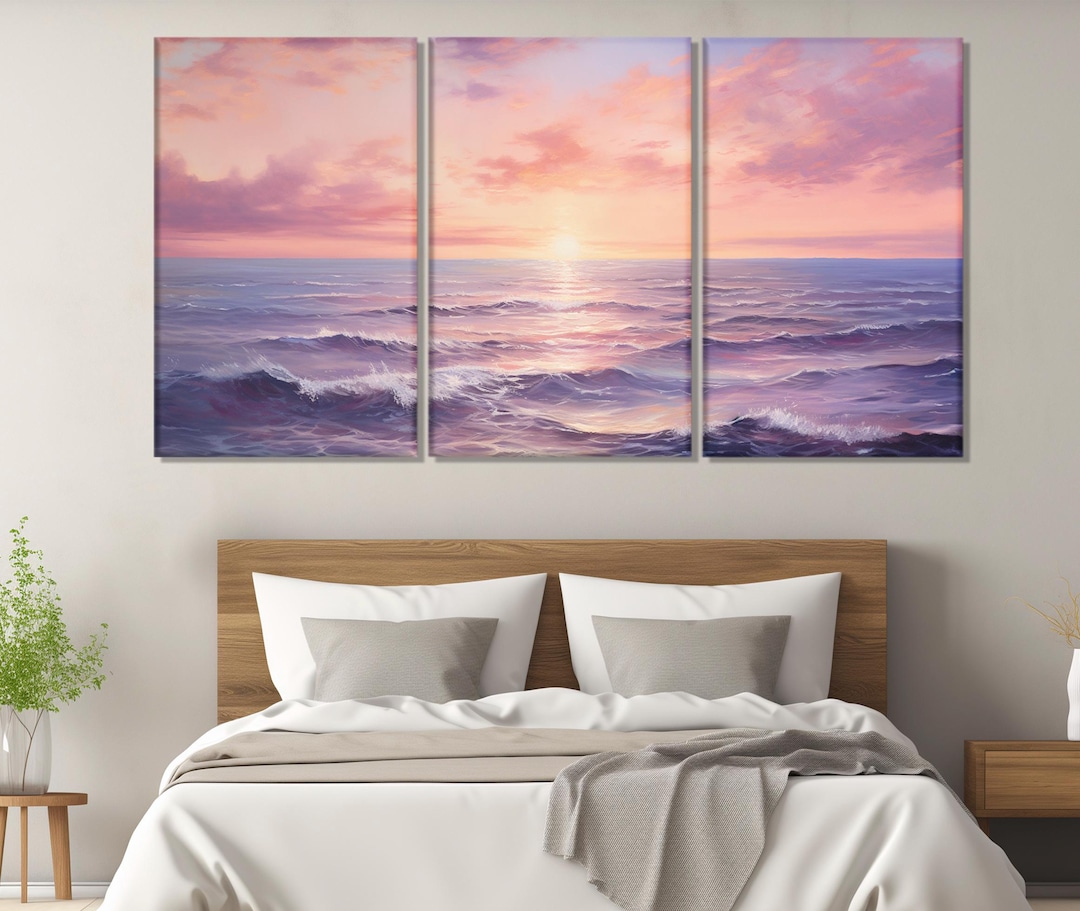 Beautiful Pink Sunset Seascape Painting Printed on Canvas, Scenic Sea ...