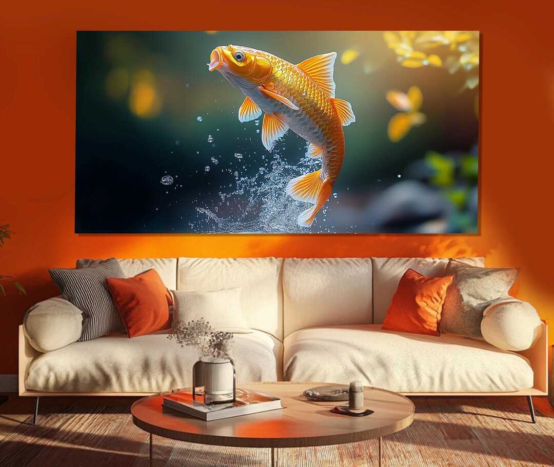Golden Carp Painting Printed on Canvas, Fishing Wall Art, Golden Carp ...