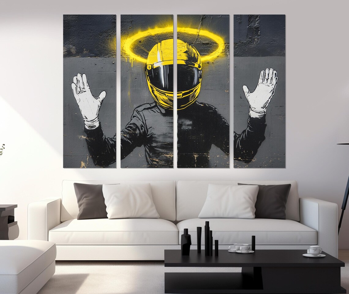 Abstract Biker in Yellow Helmet Graffiti Canvas Print, Motorcyclist ...