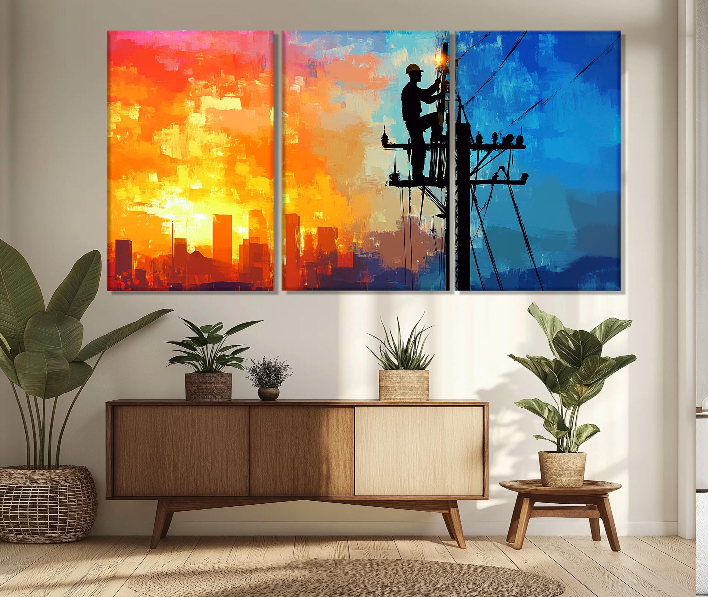 Abstract Electricity Wall Art, Electrician on a Pole Canvas Print ...