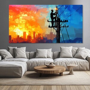 Abstract Electricity Wall Art, Electrician on a Pole Canvas Print ...