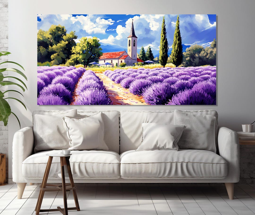 Lavender Field Watercolor Painting Printed on Canvas, Lavender Farm ...