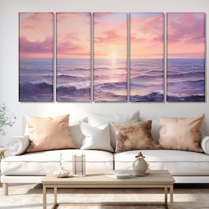 Beautiful Pink Sunset Seascape Painting Printed on Canvas, Scenic Sea ...
