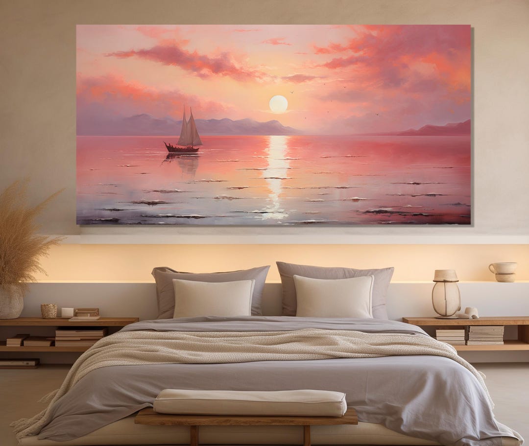 Sailboat on a Beautiful Pink Sunset Canvas Print, Scenic Sea Sunset ...