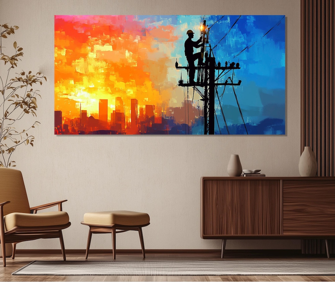 Abstract Electricity Wall Art, Electrician on a Pole Canvas Print ...