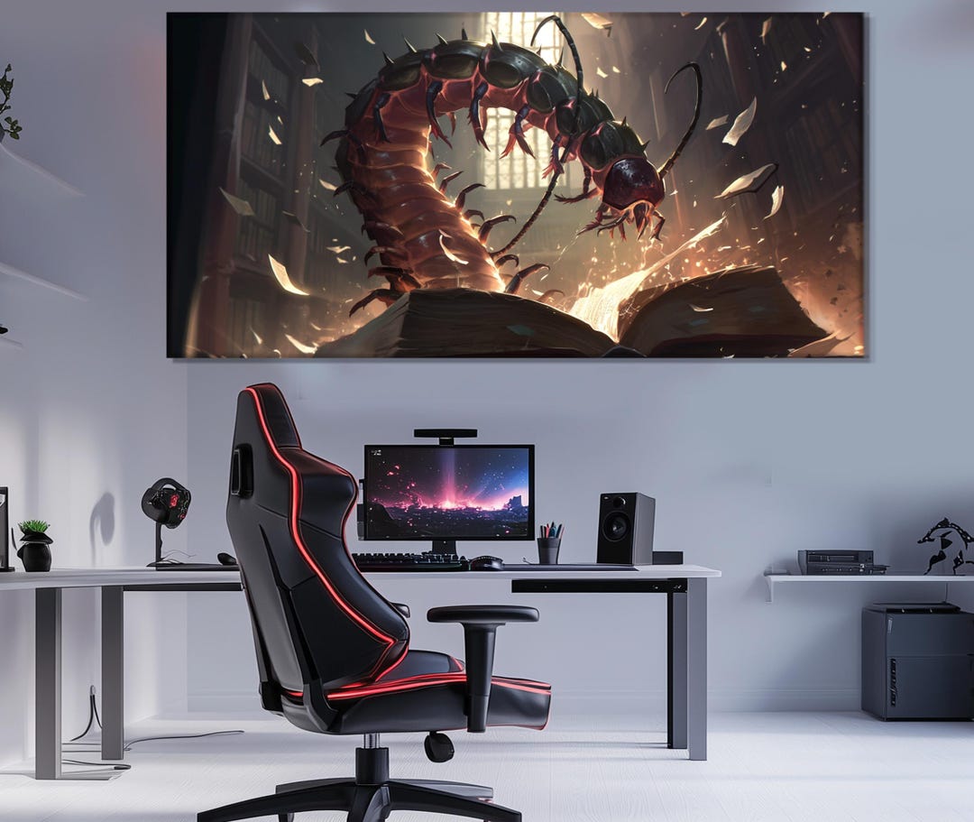 Fantasy Centipede Eating a Book Canvas Print, Gamer Room Decor, Gamer ...