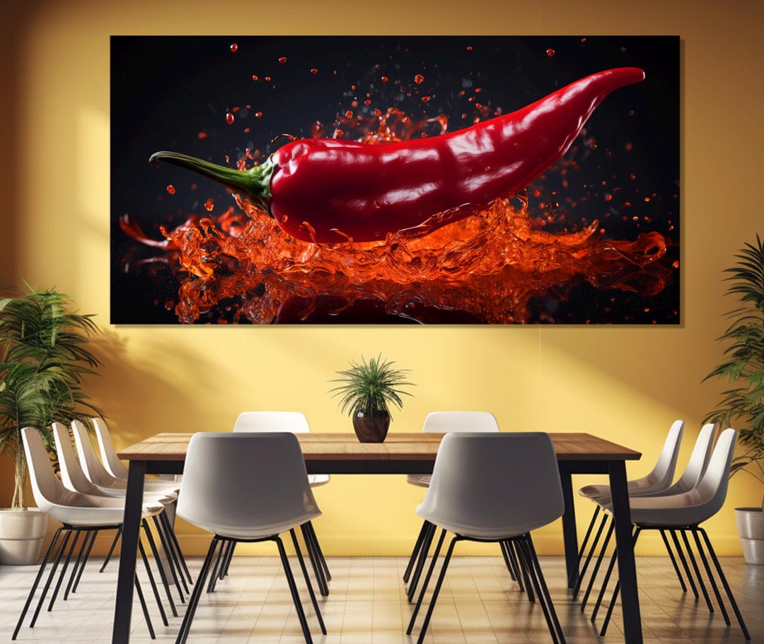 Red Chili Pepper in Flame Painting Printed on Canvas, Abstract Mexican ...