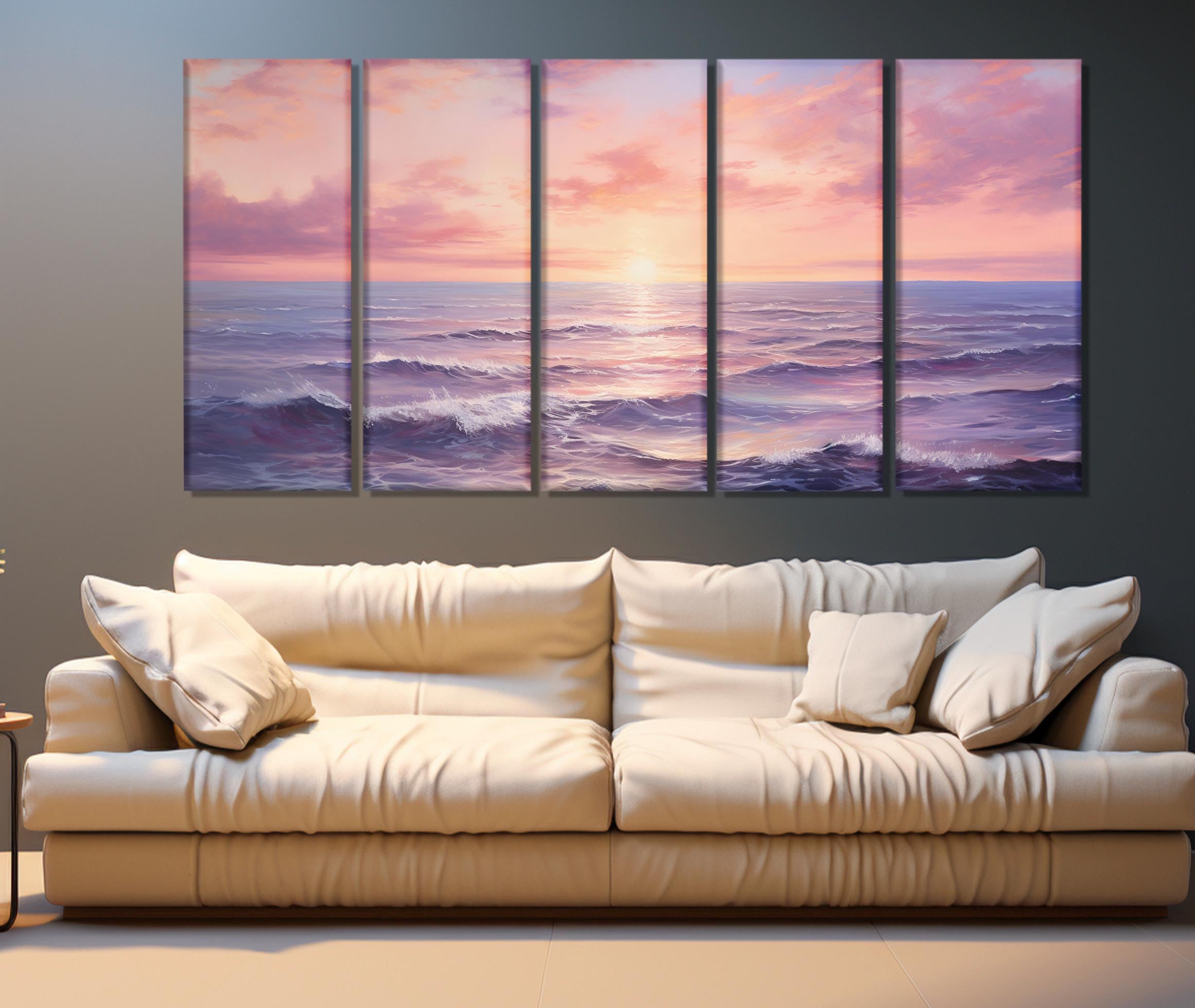 Beautiful Pink Sunset Seascape Painting Printed on Canvas, Scenic Sea ...