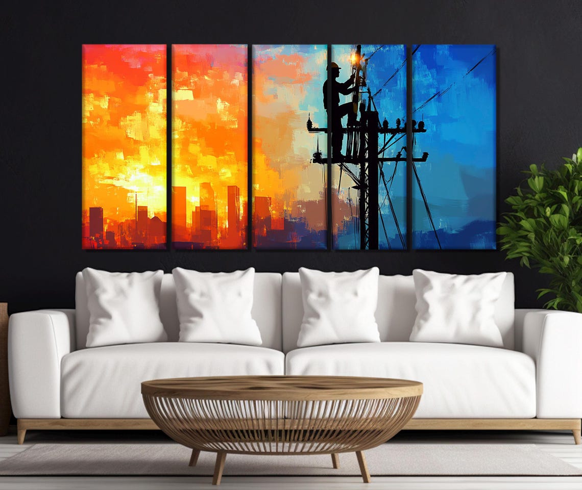 Abstract Electricity Wall Art, Electrician on a Pole Canvas Print ...
